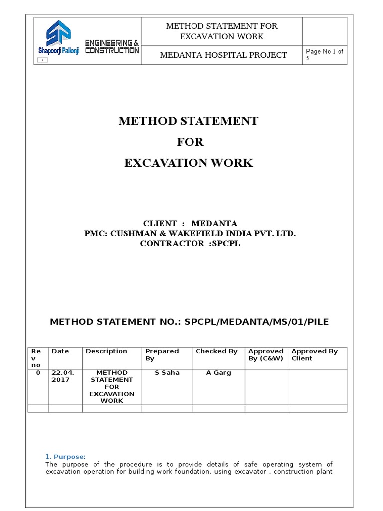Method Statement For Excavation | PDF | Excavation (Archaeology) | Deep ...