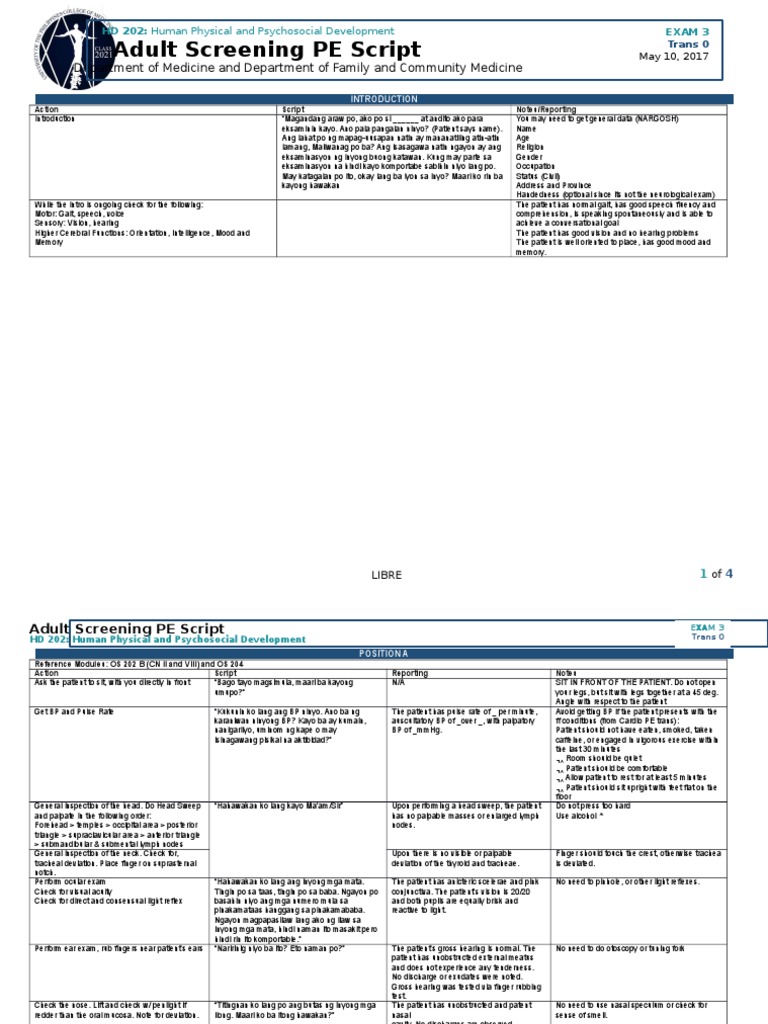 Adult Screening PE Script: Department of Medicine and Department of ...