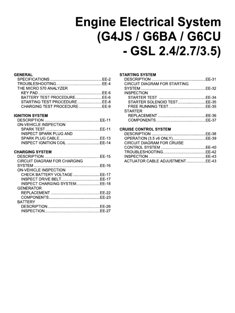 Engine Electrical System (G4JS - G6BA - G6CU - GSL 2.4 - 2.7 - 3.5) | PDF