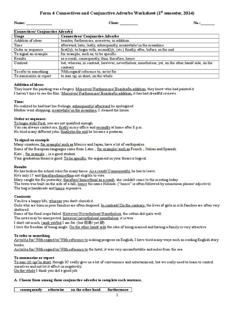 Connective Words Worksheet | Adverb | English Language