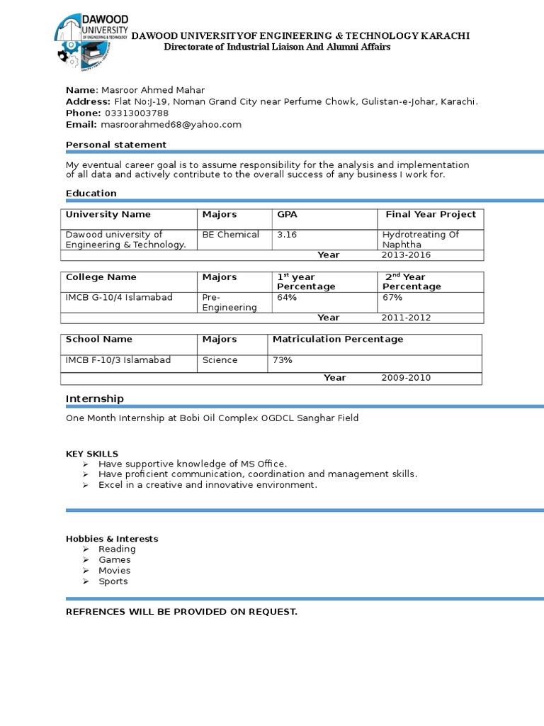 Dawood UET Ifficial CV Template | PDF