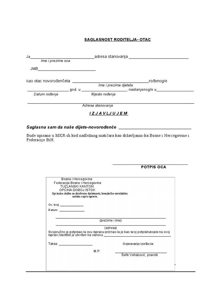 14 Saglasnost Roditelja Oca | PDF