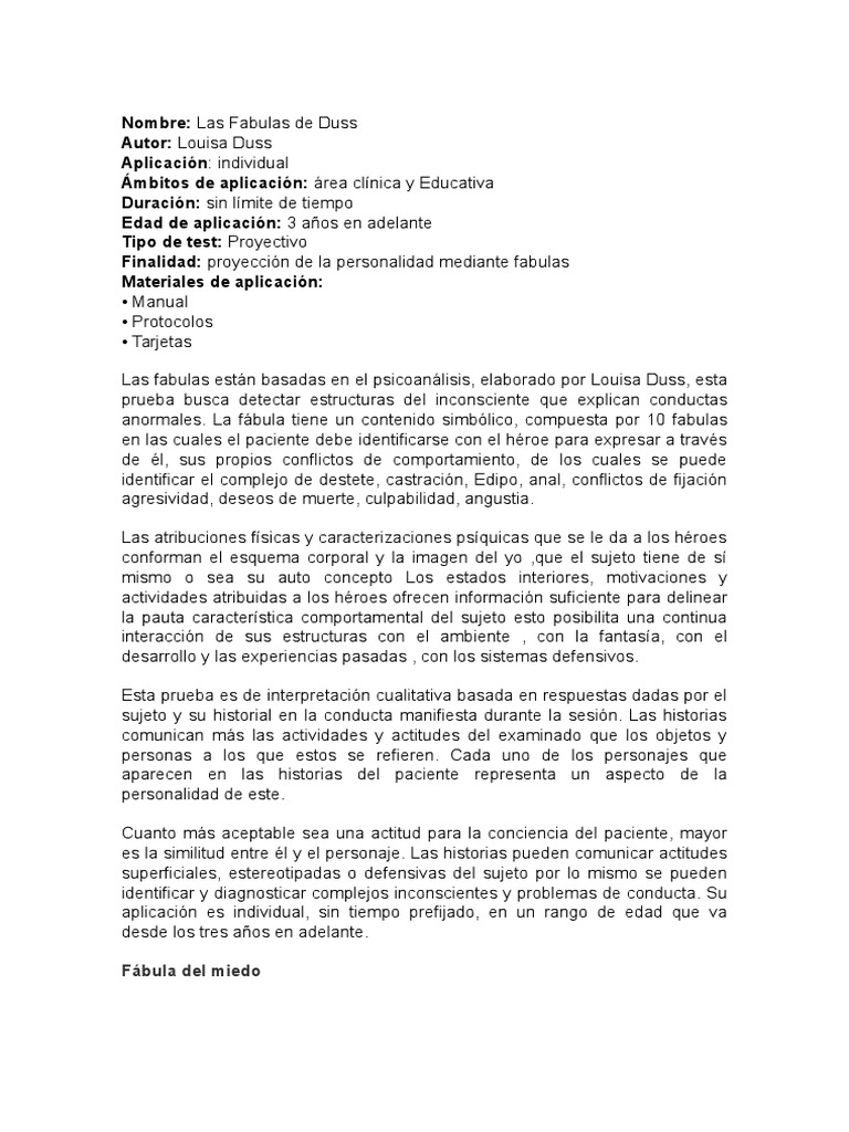 Test Fabulas de Duss | PDF | Psicoanálisis | Neurociencia