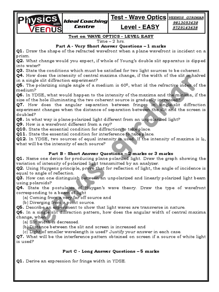 Easy Wave Optics Test Questions | PDF | Diffraction | Interference ...
