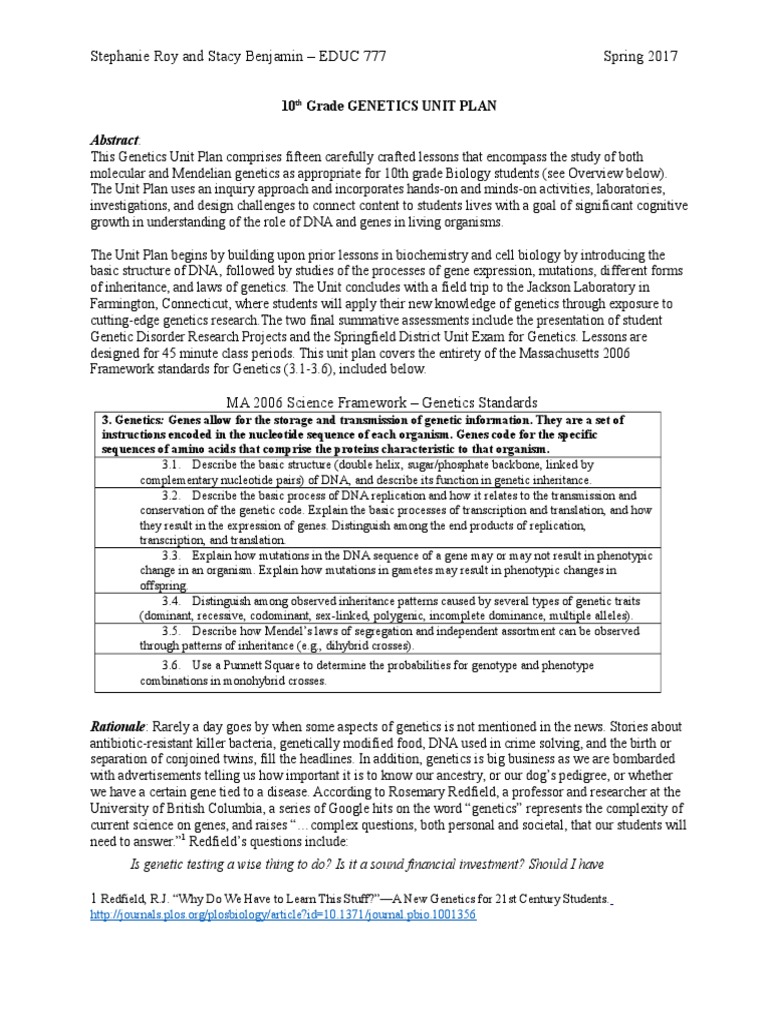 Unitplanoutline | PDF | Genetics | Dna