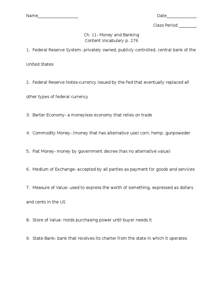 CH 10 Vocab Money and Bankingg | PDF | Money | Currency