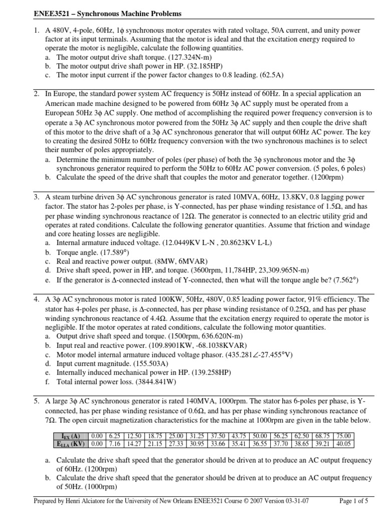Synchronous Machine Problems | PDF | Electric Motor | Electric Generator