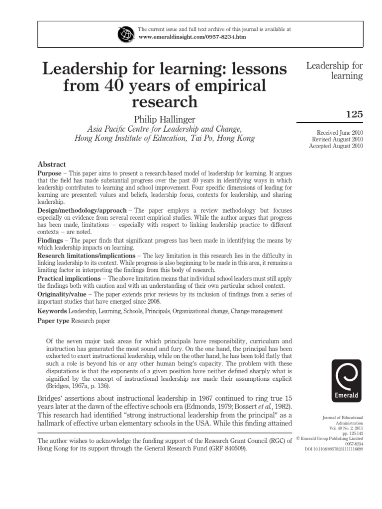 Hallinger - Leadership For Learning | PDF | Leadership | Value (Ethics)