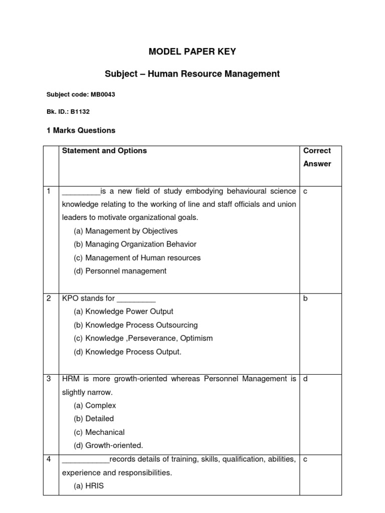 HRM Model Paper: Key Concepts and Insights | PDF | Human Resources ...