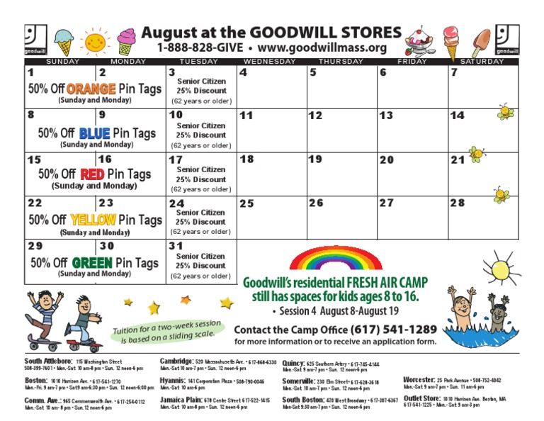 Goodwill Sales Calendar for August 2025 | PDF