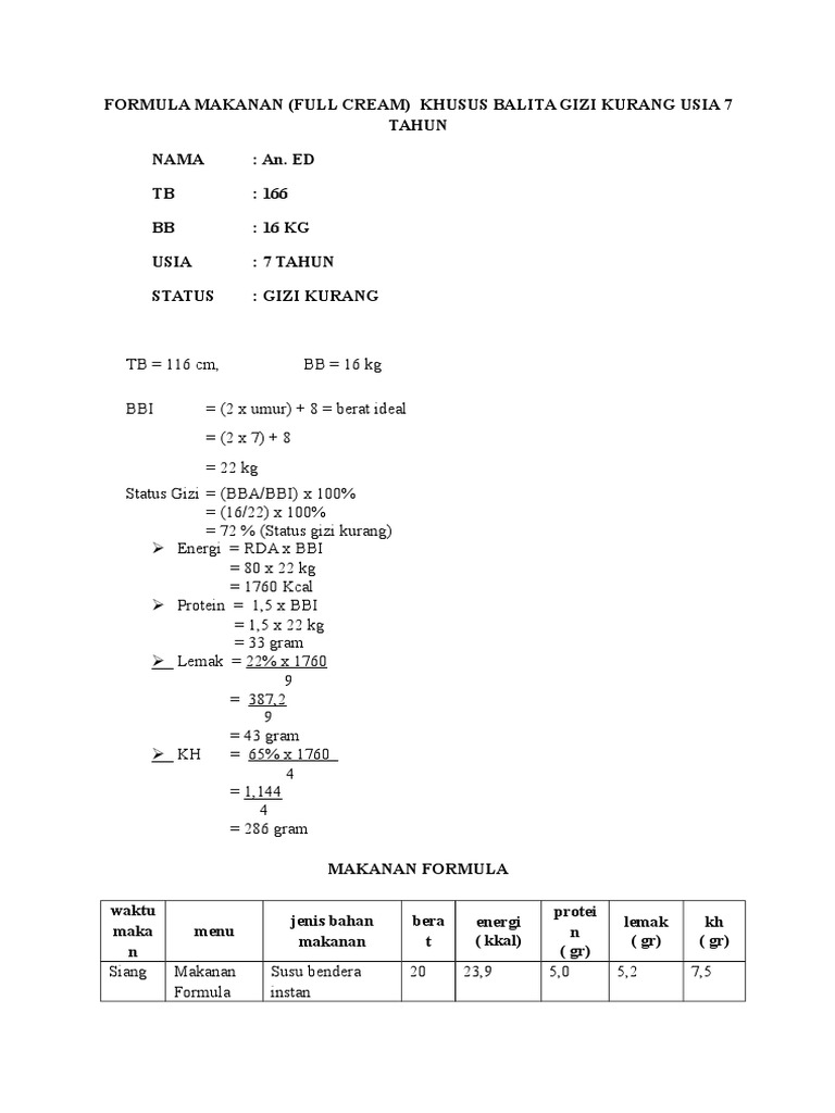 Formula Makanan (Full Cream) Khusus Balita Gizi Kurang Usia 7 Tahun ...