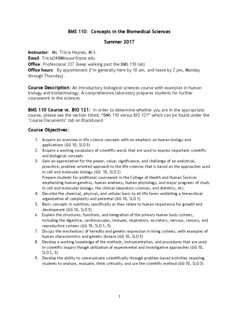 BMS 110 Su17 Syllabus | PDF | Scientific Method | Science