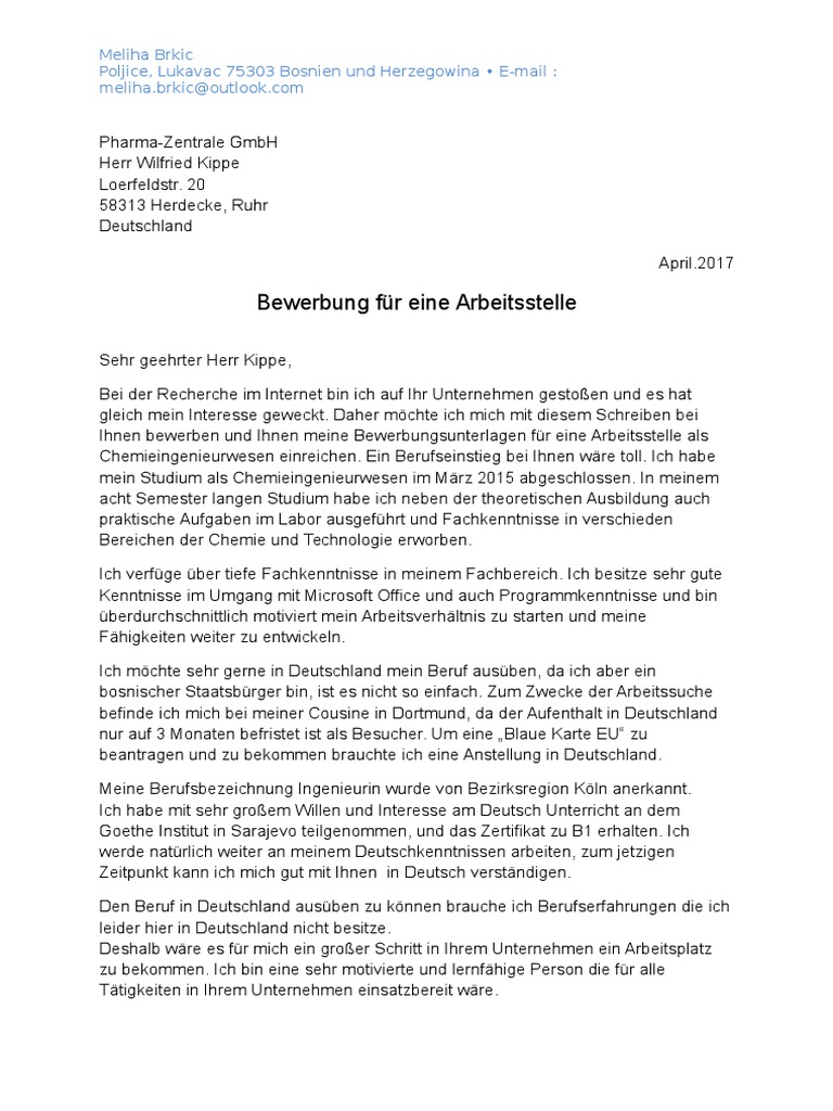 Bewerbung Für Eine Arbeitsstelle