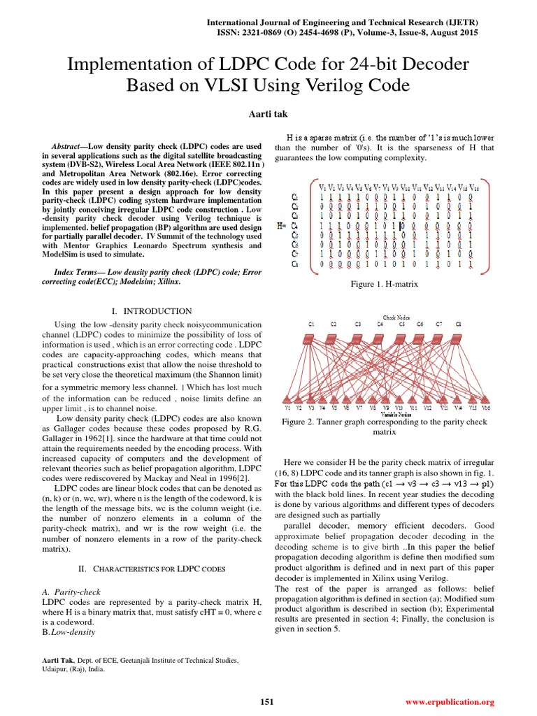 Implementation Of Ldpc Code For 24 Bit Decoder Based On Vlsi Using Verilog Code Pdf Low 2146