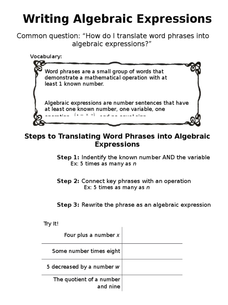 Day 1 Writing Expressions Notes | PDF | Word | Algebra