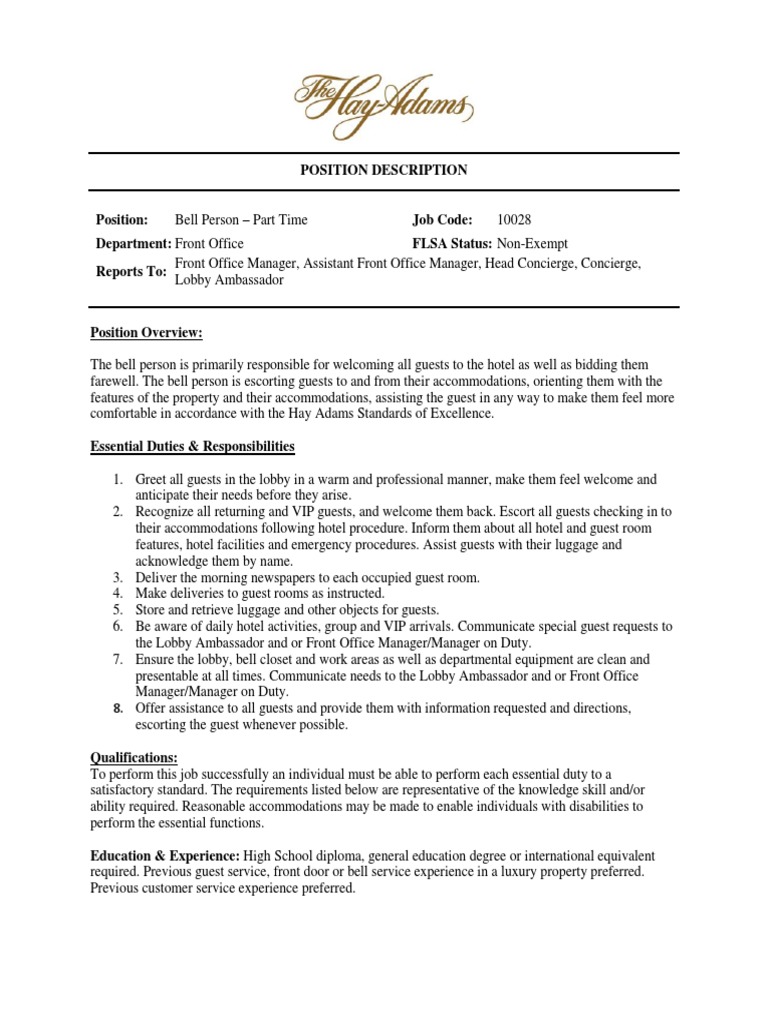 Job Description Bell Person | PDF | Employment | Hotel And Accommodation