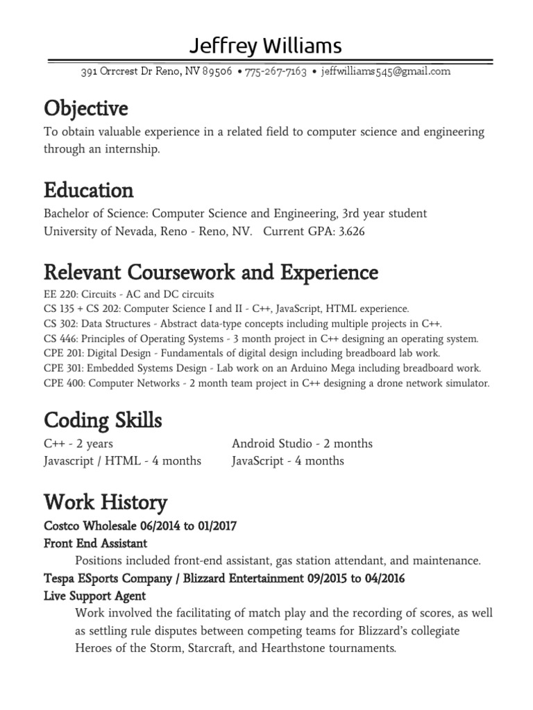 Objective Education Relevant Coursework and Experience: Jeffrey ...