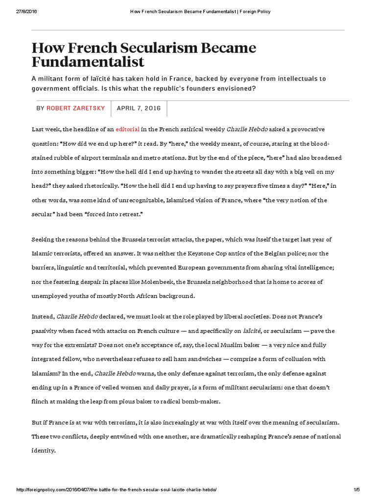 How French Secularism Became Fundamentalist - Foreign Policy | PDF | France | Identity Politics