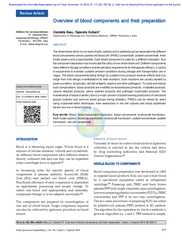 Overview of Blood Components and Their Preparation | PDF | Blood ...