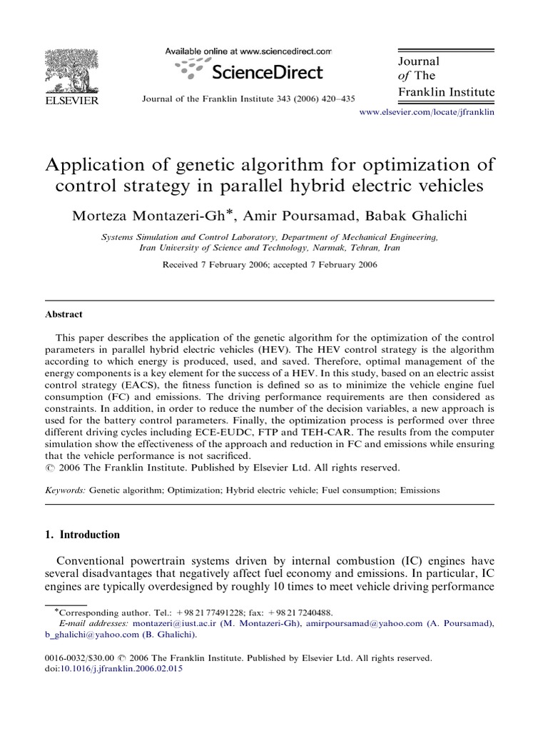 Application of Genetic Algorithm For Optimization of Control Strategy ...