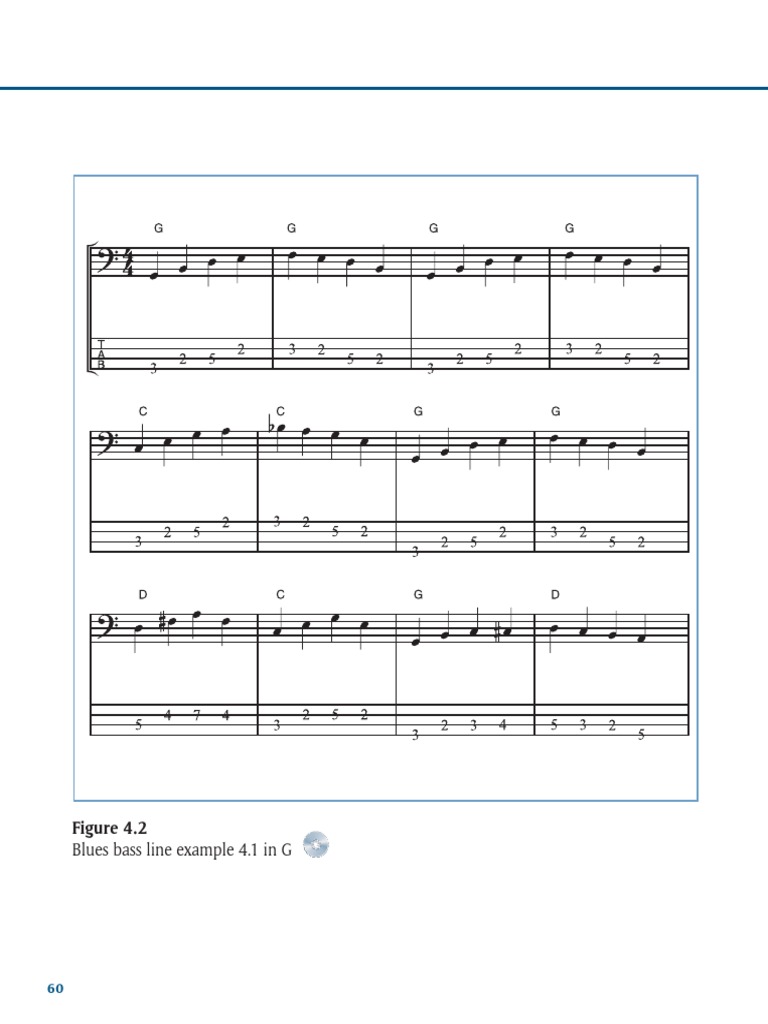 Blues Bass Line Example 4.1 in G | PDF | Blues | Scale (Music)