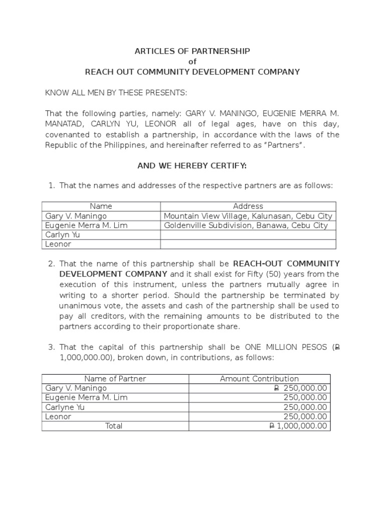 Articles of Partnership Agreement | PDF | General Partnership | Partnership