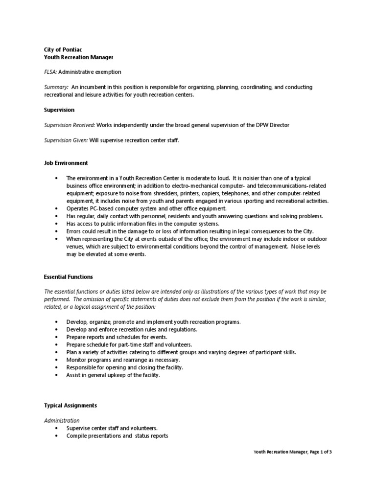 Youth Recreation Manager Role | PDF | Visual Perception | Employment