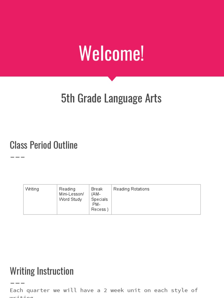 Welcome!: 5th Grade Language Arts | PDF | Reading (Process) | Homework