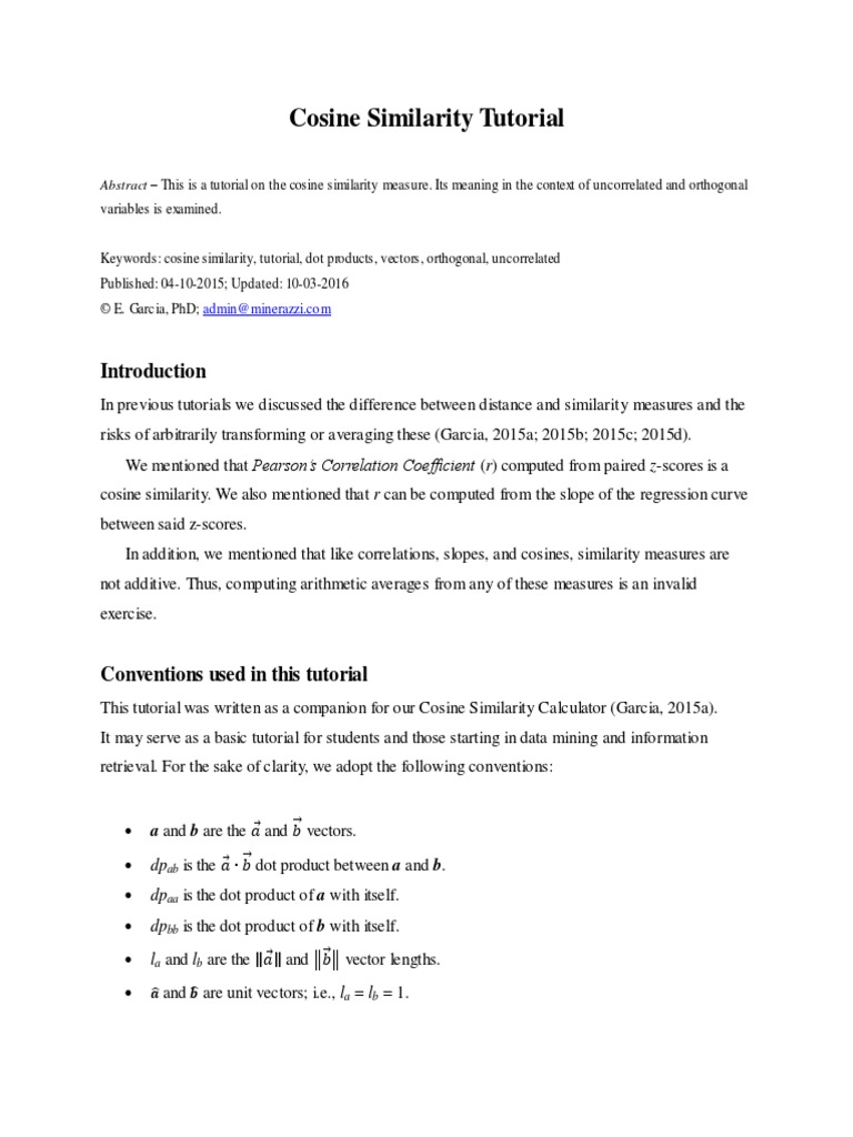 Cosine Similarity Tutorial | PDF | Euclidean Vector | Correlation And Dependence