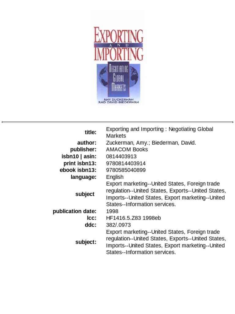 Amy Zuckerman David Biederman Exporting Importing How To Buy and Sell Profitably Across Borders ...
