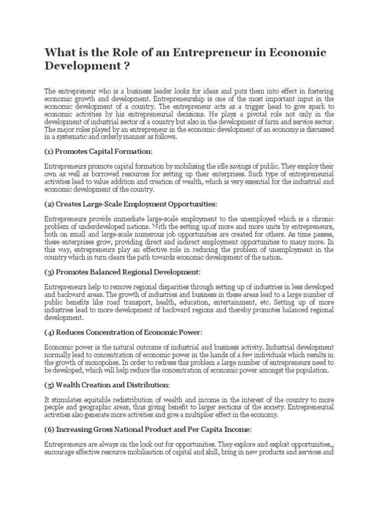 What Is The Role of An Entrepreneur in Economic Development | PDF ...