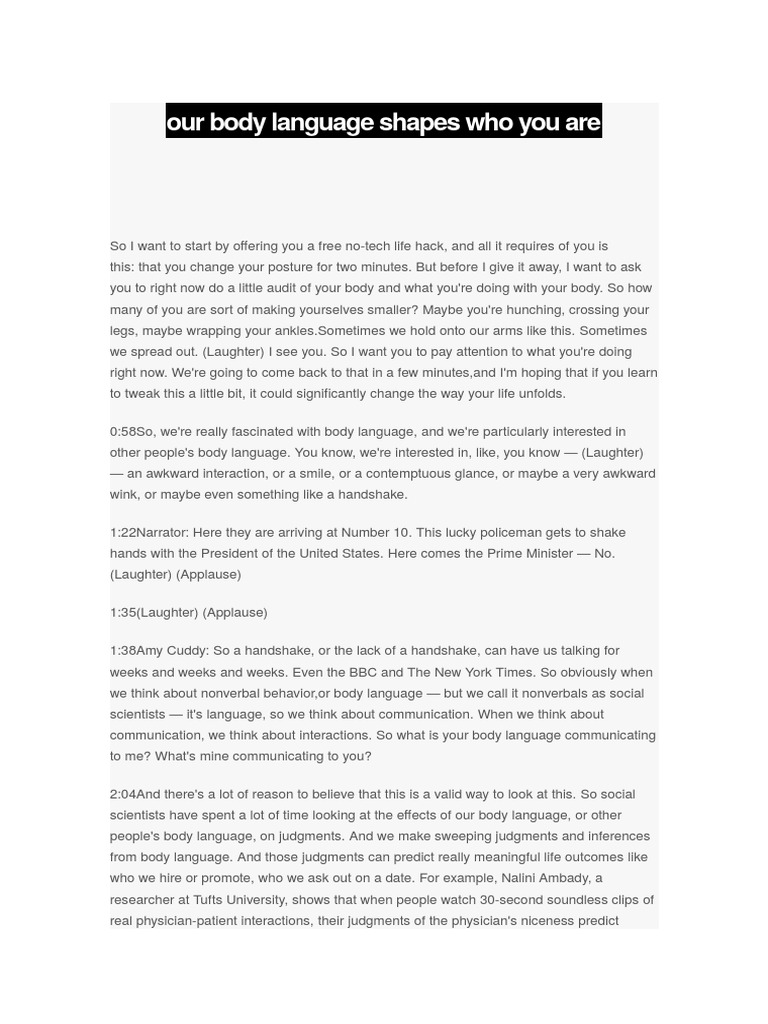 Our Body Language Shapes Who You Are | PDF | Nonverbal Communication ...
