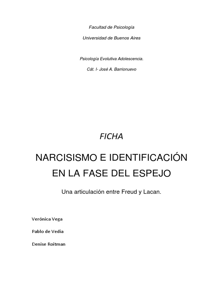Narcisismo Identificacion Espejo PDF | PDF | Jacques Lacan | Libido