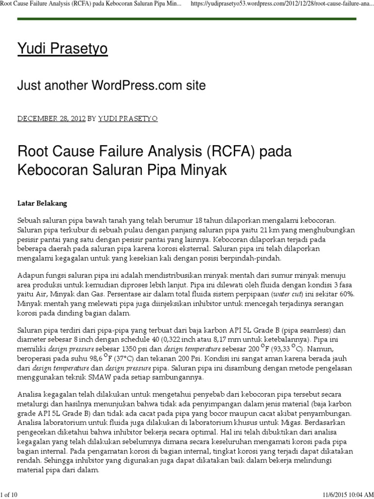 Root Cause Failure Analysis (RCFA) Pada Kebocoran Saluran Pipa Minyak ...