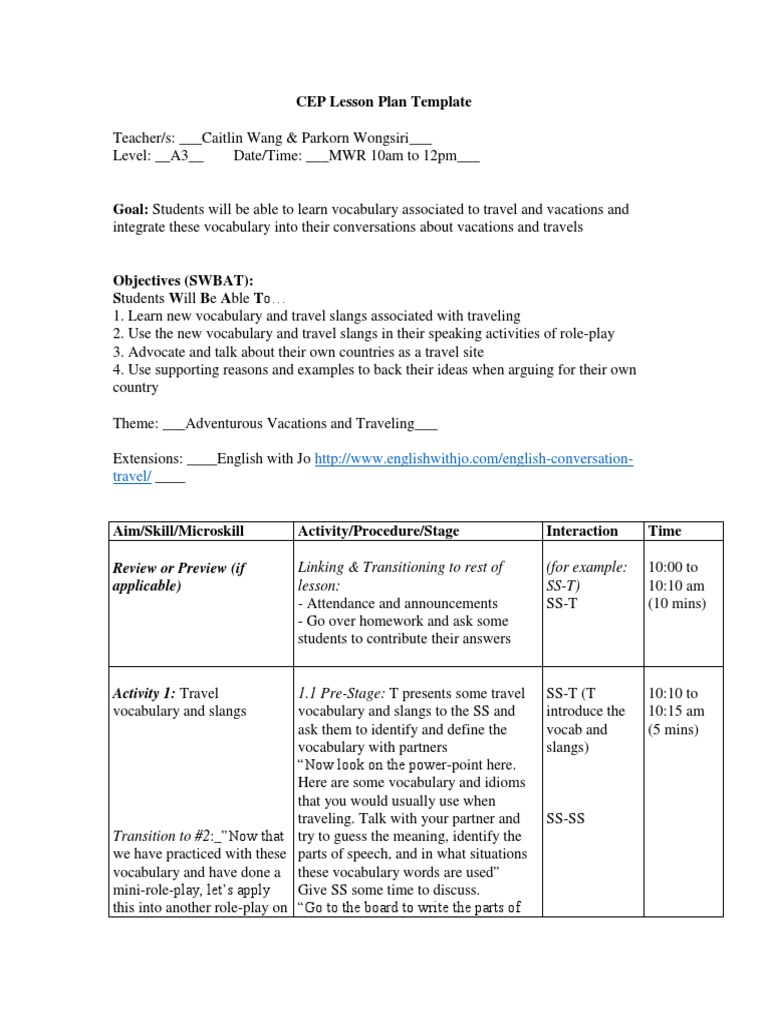 CEP Lesson Plan Template: Travel | PDF | Vocabulary | Reading Comprehension