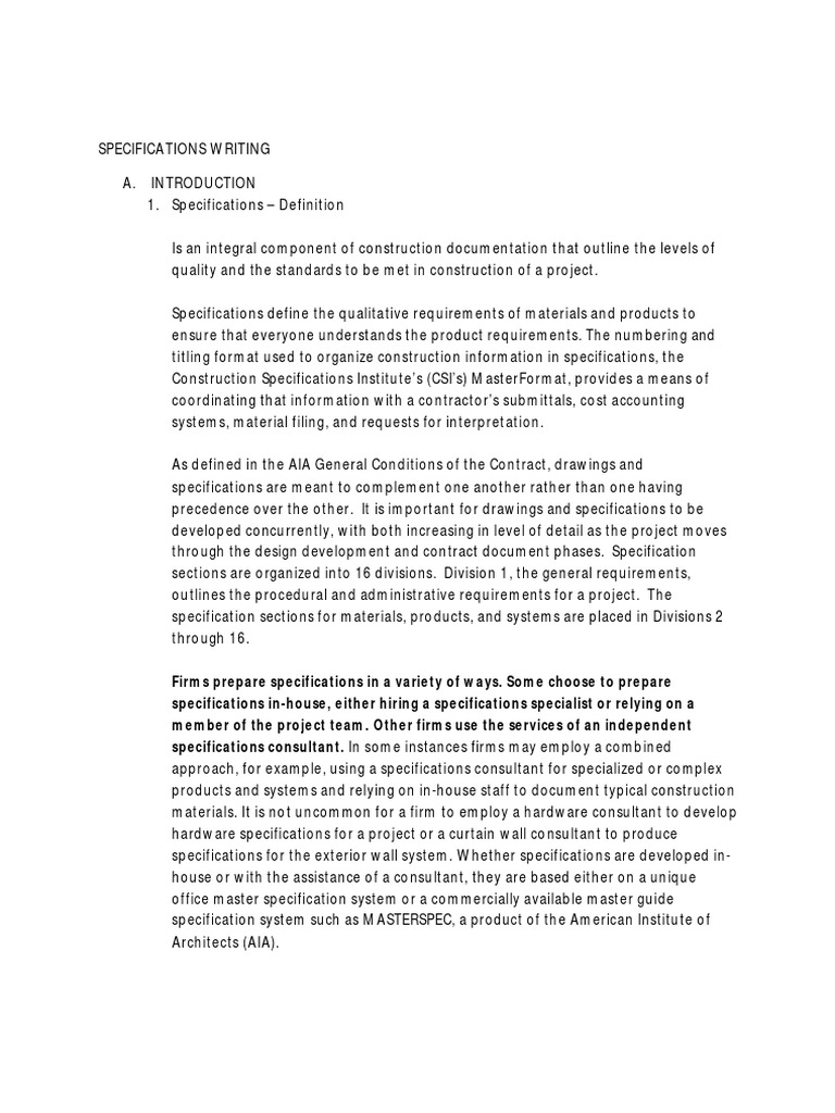 Outline Specs Writing | Specification (Technical Standard) | Engineering