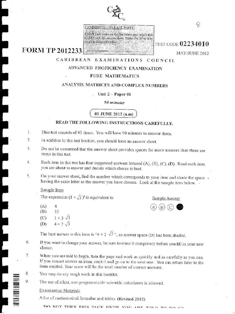 Cape Pure Mathematics U2 P1 2012 Answers | PDF