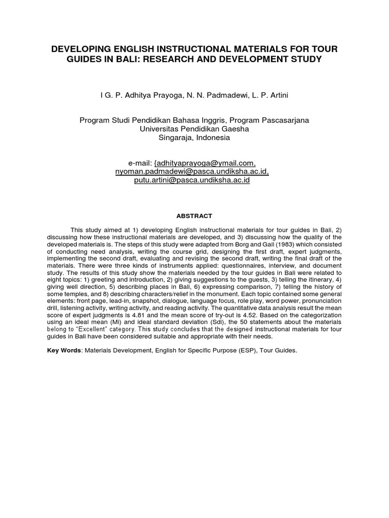 Developing English Instructional Materials For Tour Guides in Bali: Research and Development ...