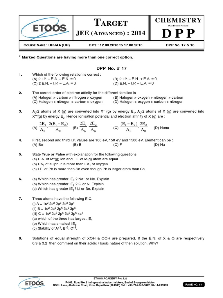 DPP 01 Periodic Table JH Sir-3576 | PDF | Ion | Ionic Bonding