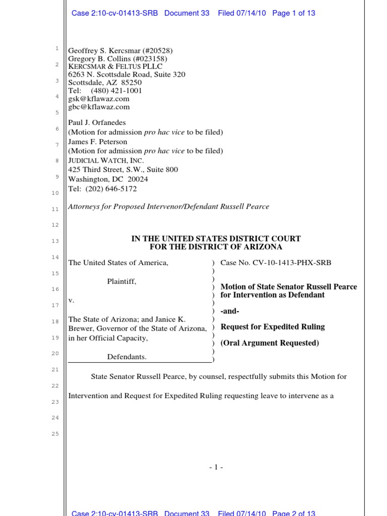 U.S.A. v STATE of ARIZONA, et al. - 33 - MOTION to Intervene as ...