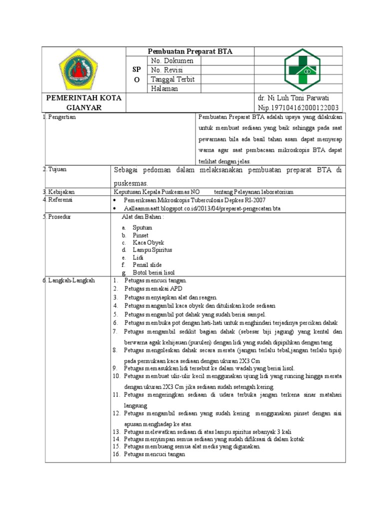 SPO Pembuatan Preparat BTA | PDF