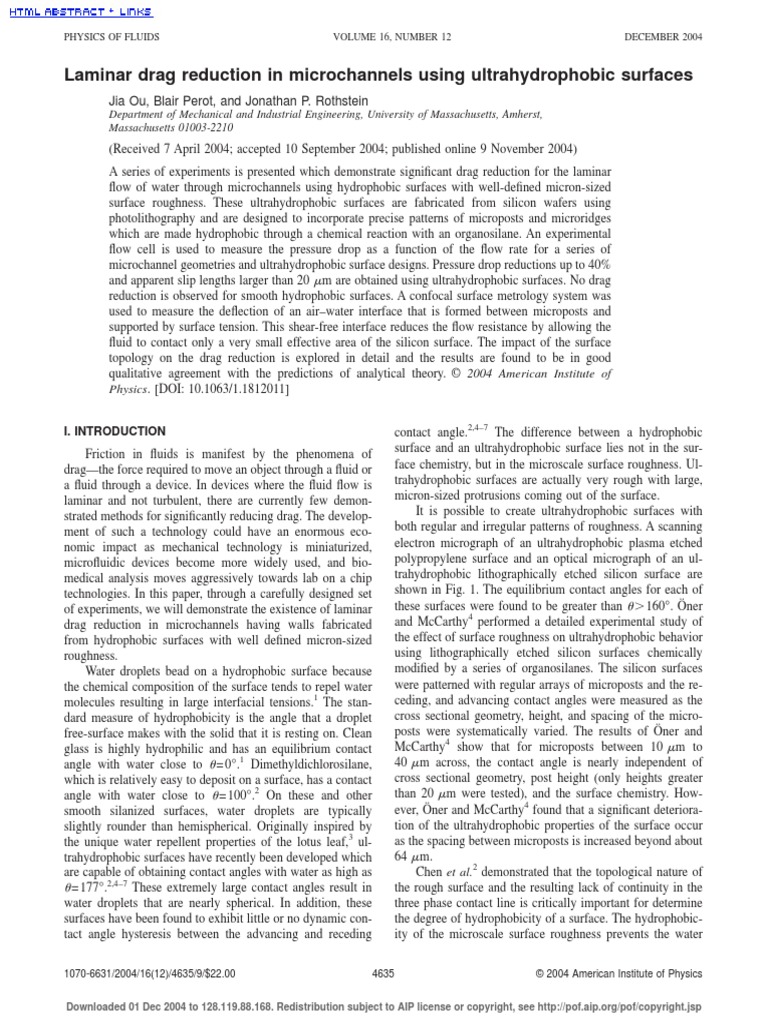 Laminar Drag Reduction in Microchannels Using Ultrahydrophobic Surfaces ...