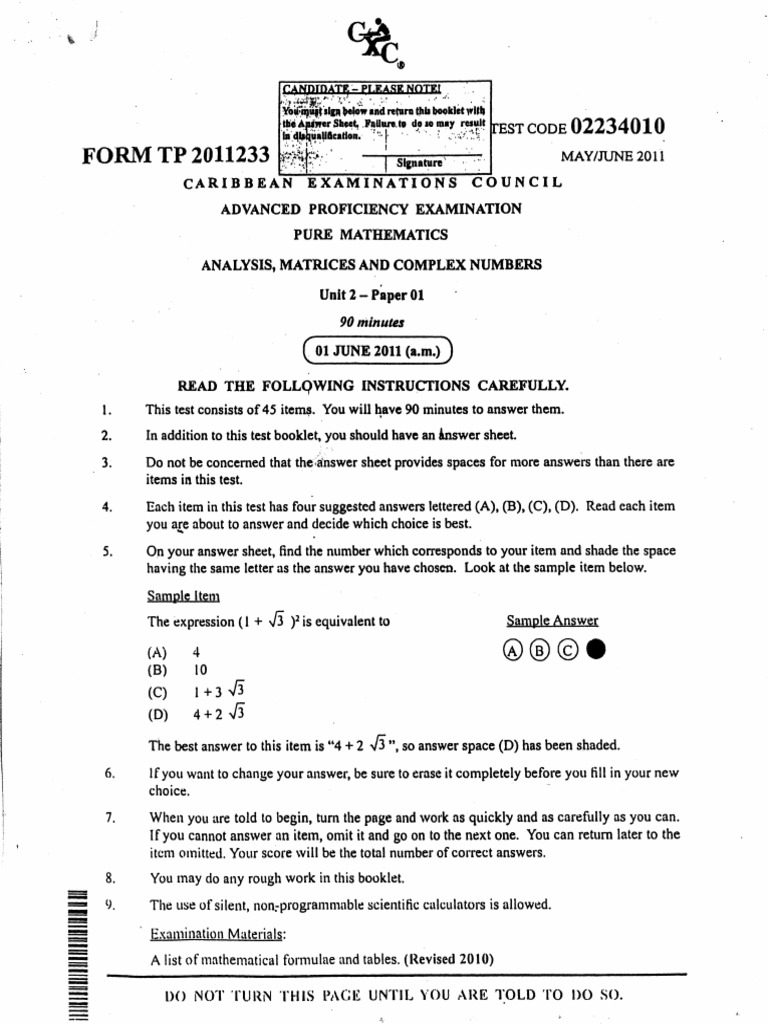 2011 Cape Mathematics Unit 2 P1 (MC) Answers