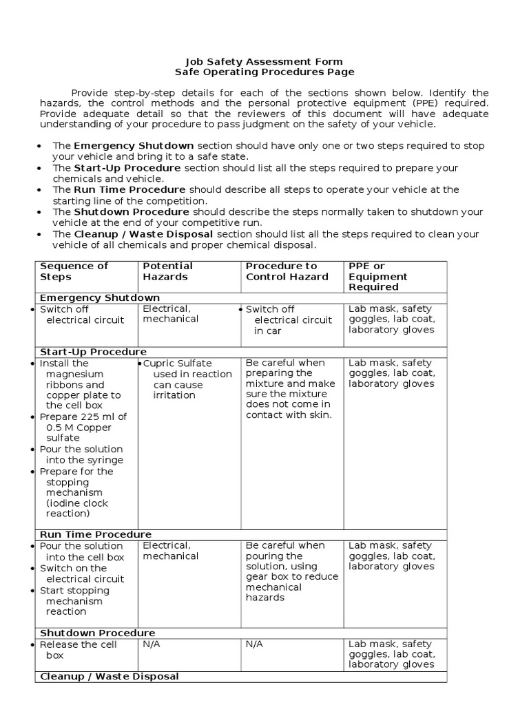 Job Safety Assessment Form | Laboratories | Personal Protective Equipment