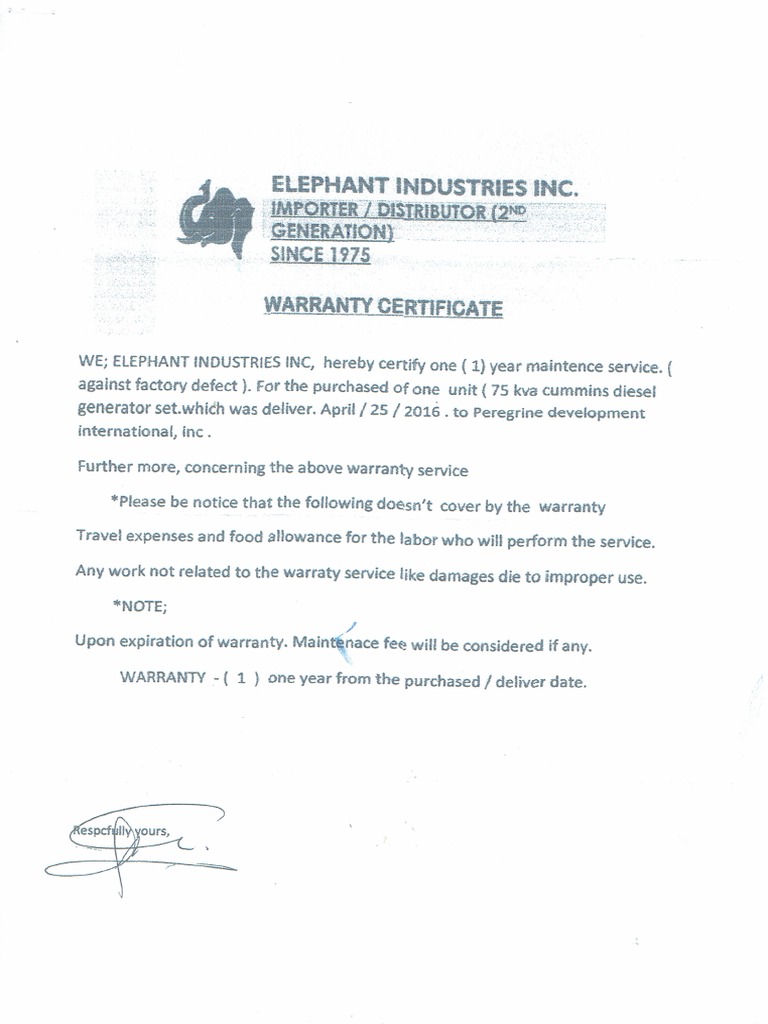 Genset Warranty Certificate | PDF