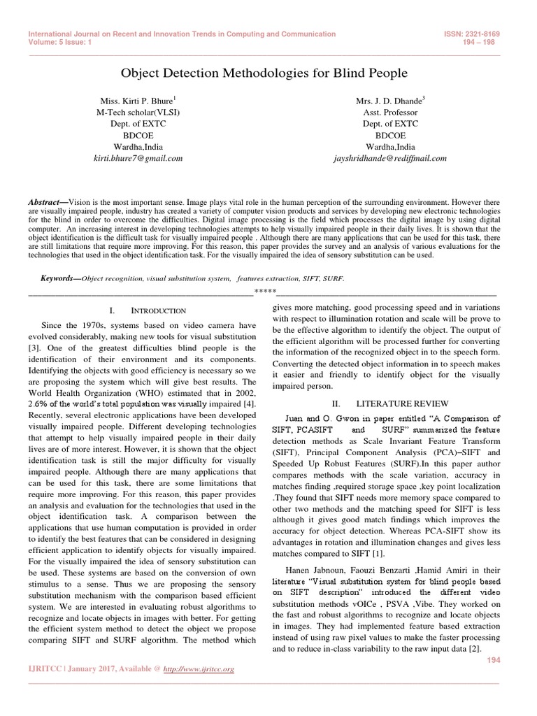 Object Detection Methodologies For Blind People Pdf Senses Areas
