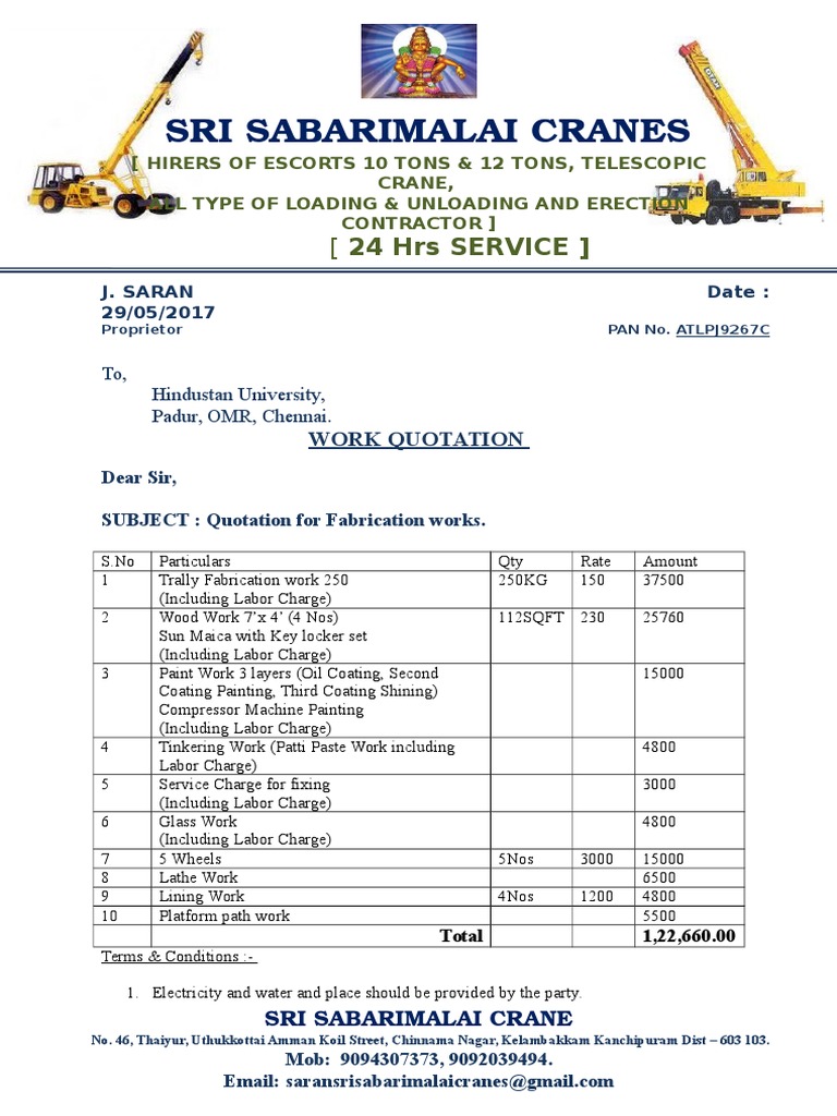 Crane Service Quotation for Fabrication | PDF | Crane (Machine) | Machines