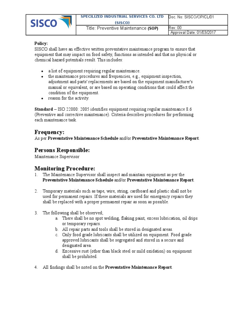SOP C03 Equipment Maintenance | PDF | Food Safety | Wellness