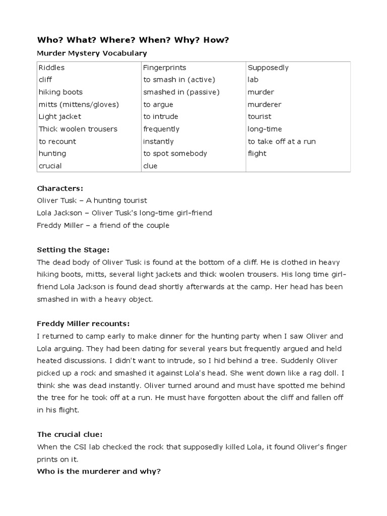 Murder Mystery Idea For ESL One On One Lesson | PDF