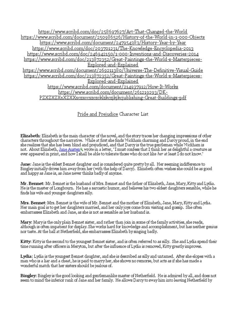Pride and Prejudice Character List | PDF | Pride And Prejudice | Austen ...